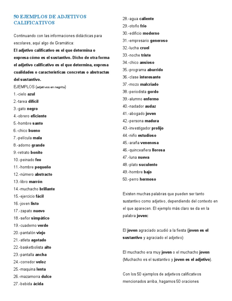 50 Ejemplos de Adjetivos Calificativos | PDF | Adjetivo | Deportes