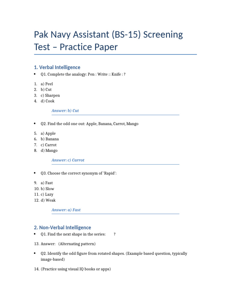 Pak Navy Assistant Test Practice Paper | PDF