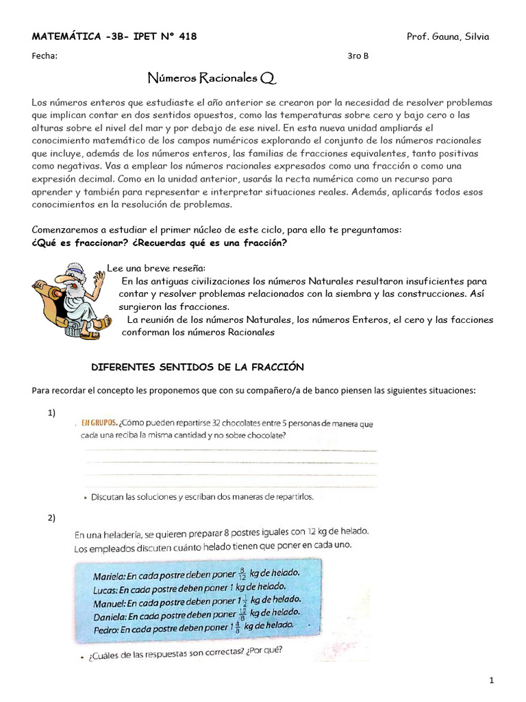 3ER AÑO B-Matemática - Primer Núcleo - IPET 418 | PDF | Número racional | División (Matemáticas)
