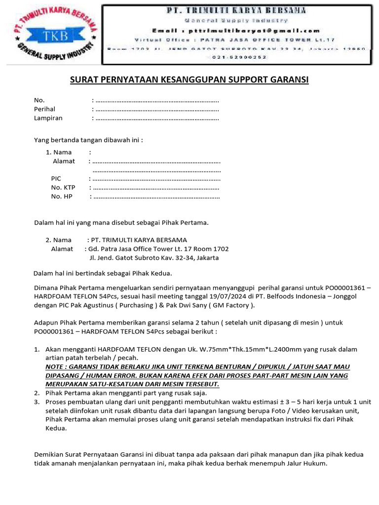 Surat Garansi Hardfoam Teflon 2 Tahun | PDF