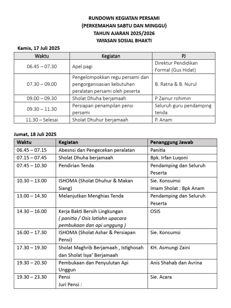 Rundown Kegiatan Persami 2025/2026 | PDF