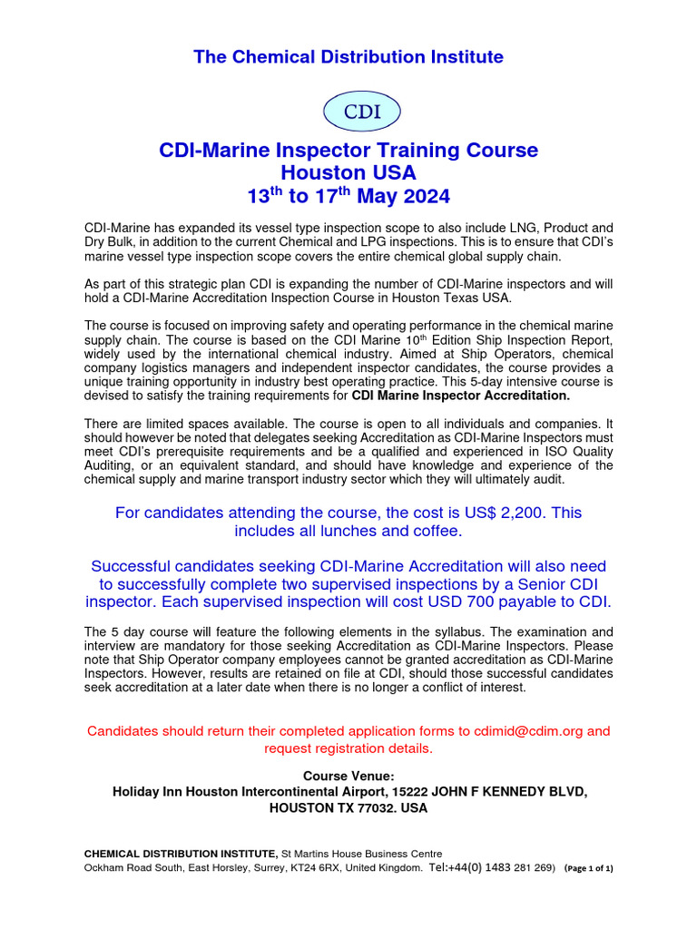 CDI Marine Inspector Training Course 2024 | PDF | Ships | Regulatory Compliance