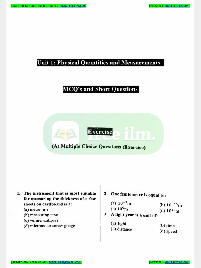 9th Phy New Ch1 MCQs and SQ | PDF