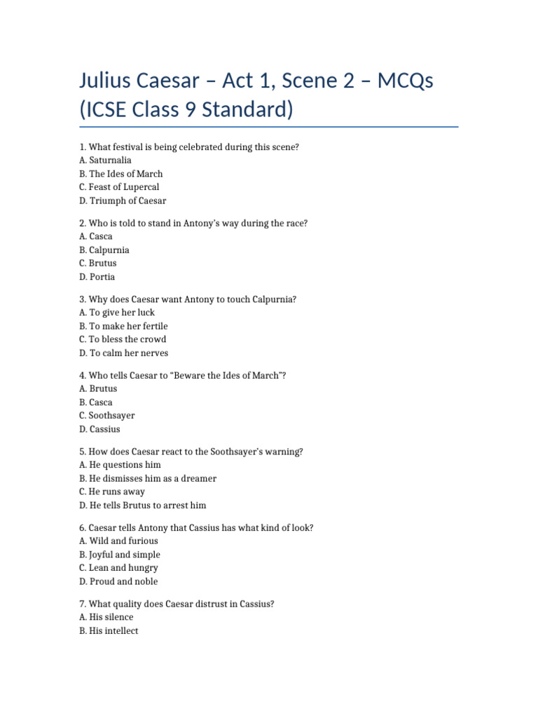 Julius Caesar Act1 Scene2 MCQs Without Answers | PDF | Julius Caesar