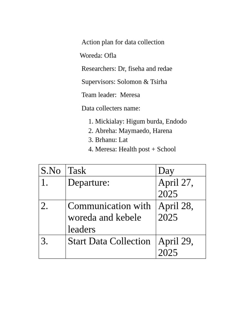 Ofla Woreda Action Plan For Data Collection | PDF