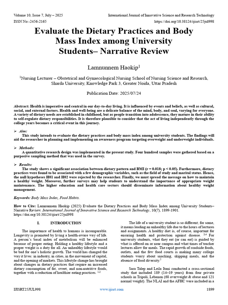 Evaluate The Dietary Practices and Body Mass Index Among University ...