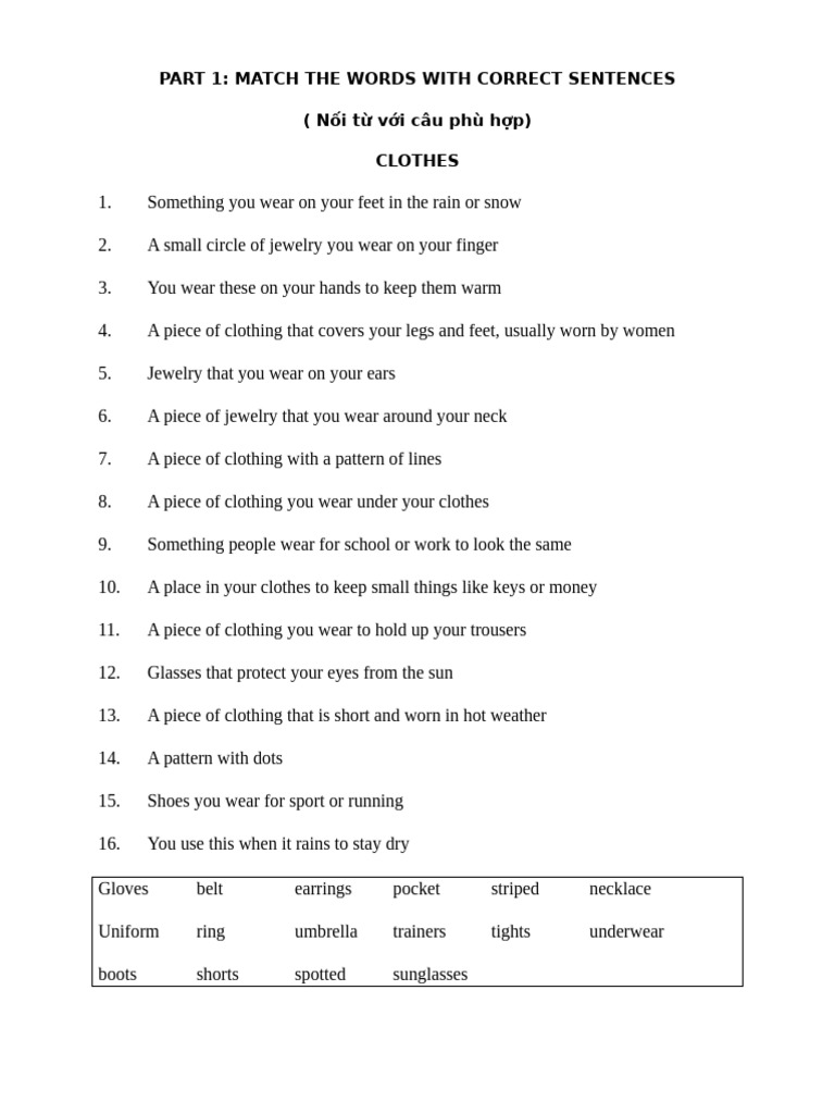 Part 1-Reading Exercies - Animals-Clothes | PDF | Clothing | Birds