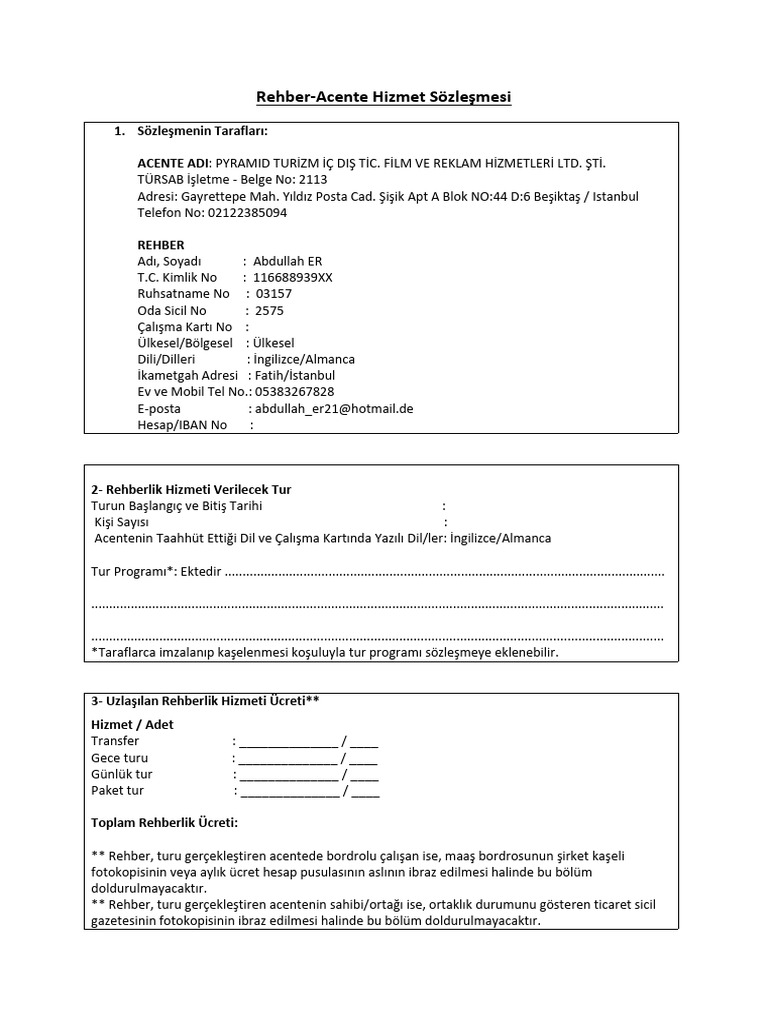 Tureb - Rehber Acente Hizmet Sözleşmesi | PDF