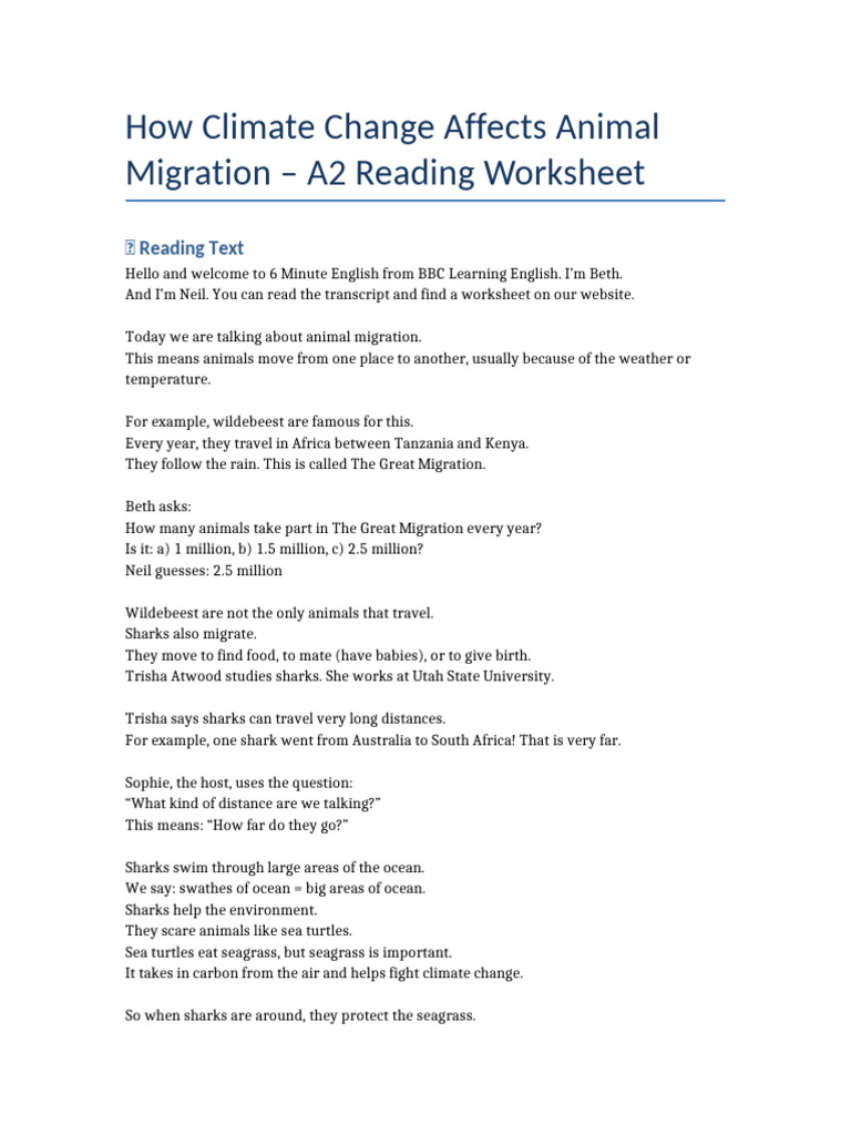 Climate Change Animal Migration A2 Reading Worksheet | PDF
