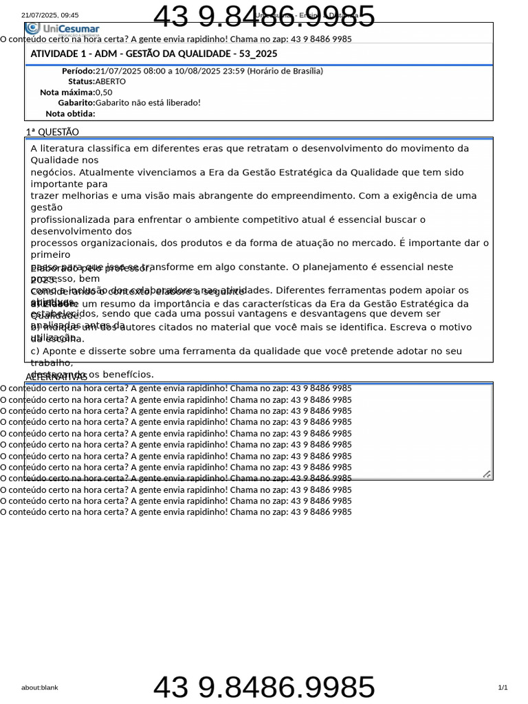 Atividade 1 - Adm - Gestão Da Qualidade - 53 - 2025 - v6 | PDF | Gestão estratégica | Business