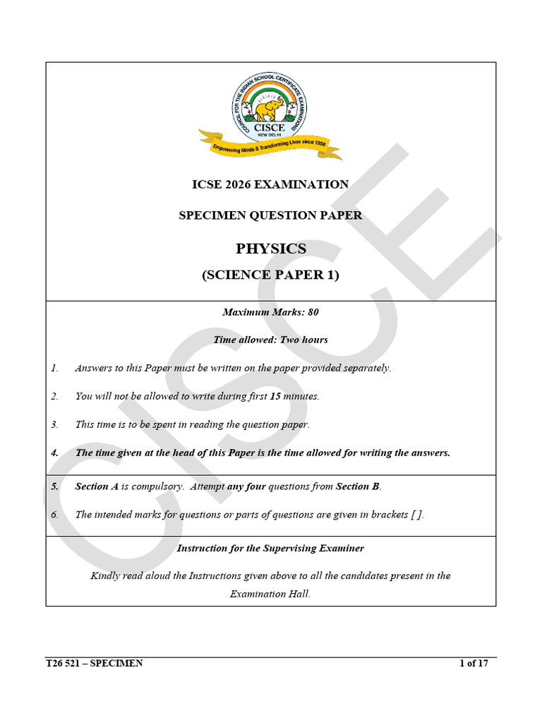 Icse 2026 Specimen 521 Sci1 | PDF | Optics | Refraction