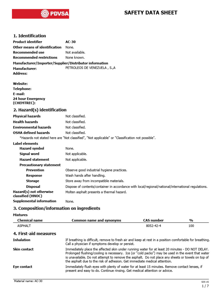 AC-30 Asphalt Safety Data Sheet | PDF | Waste | Hazards