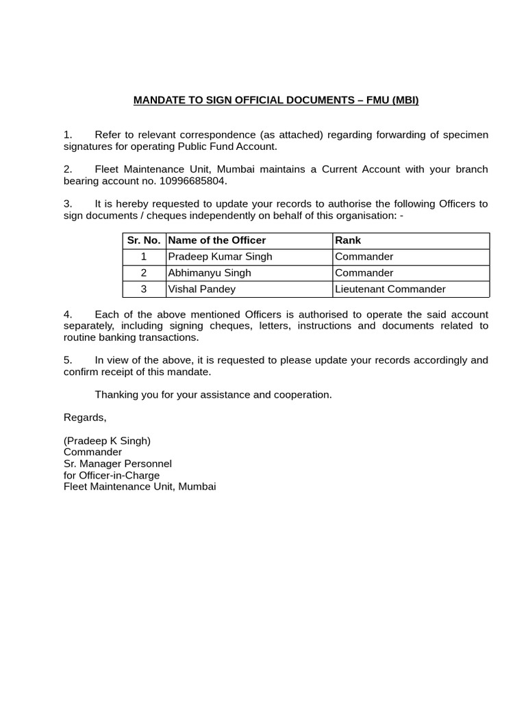 FMU Mumbai: Official Document Signing Mandate | PDF | Pension | Business