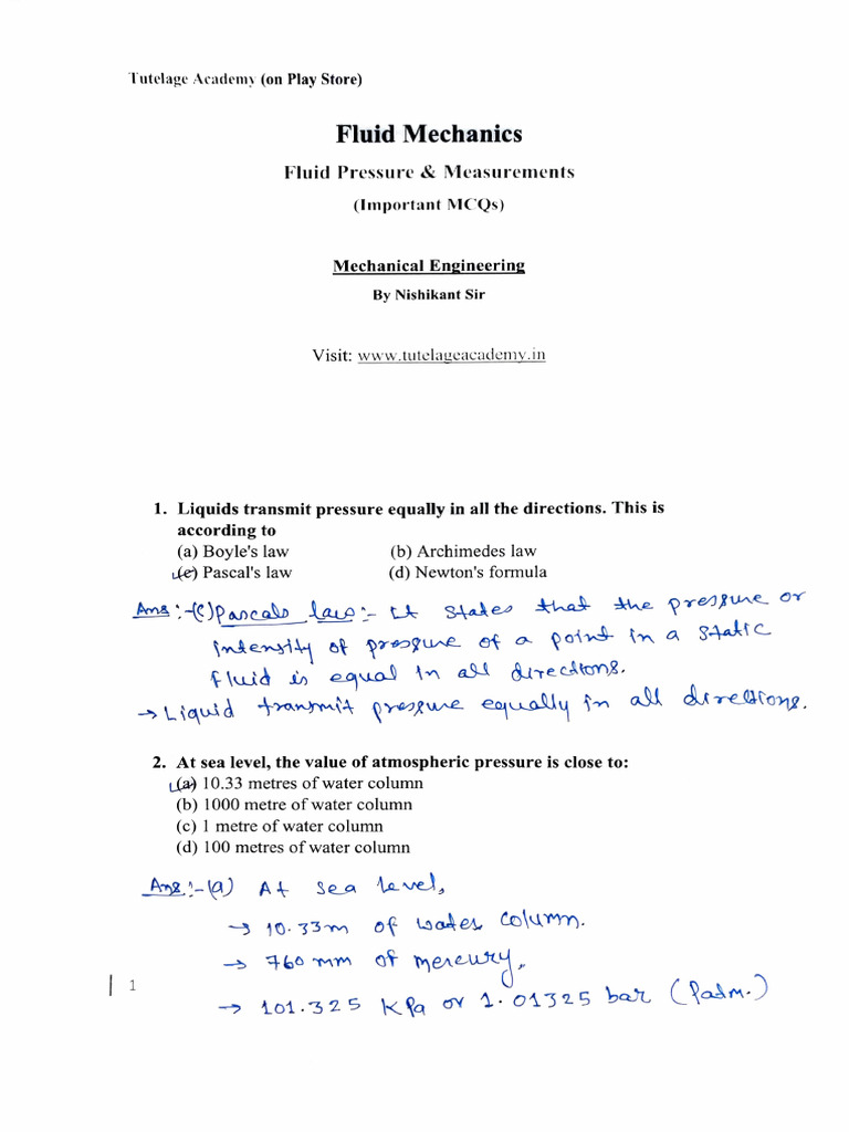 Fluid Properties & Measurements MCQs - 27509248 | PDF | Pressure | Pressure Measurement