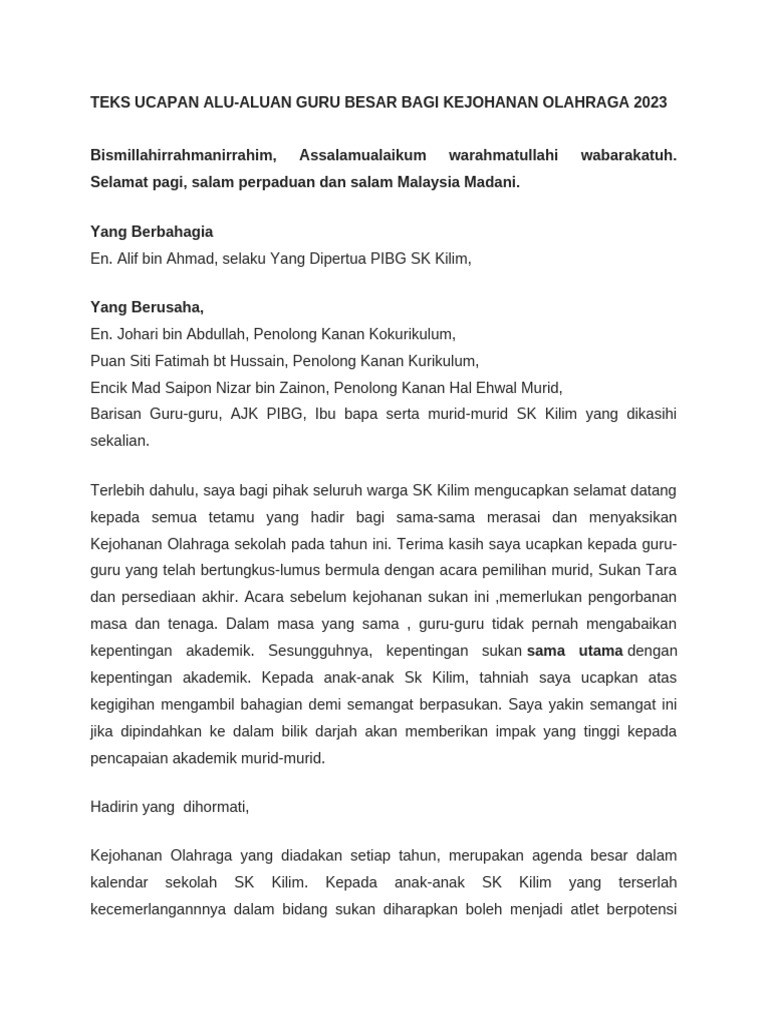 Teks Ucapan Alu-Aluan Kejohanan Oleh Guru Besar | PDF
