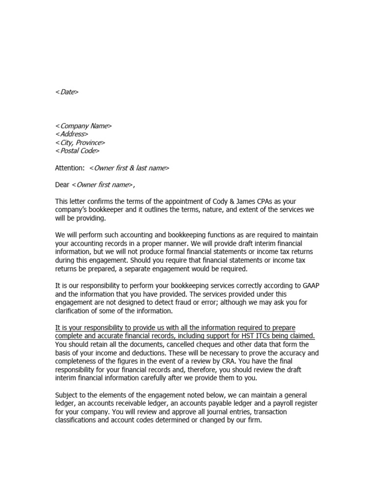 Bookkeeping Engagement Letter Template | PDF | Bookkeeping | Payroll