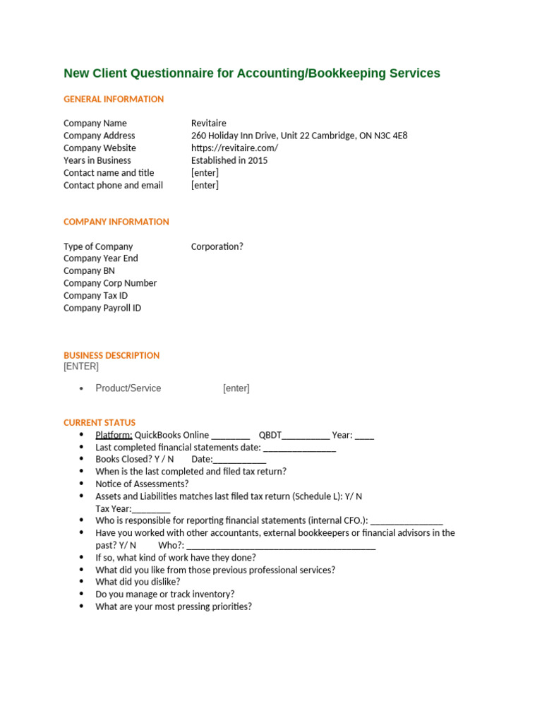 New Client Questionnaire for Accounting | PDF | Invoice | Cheque