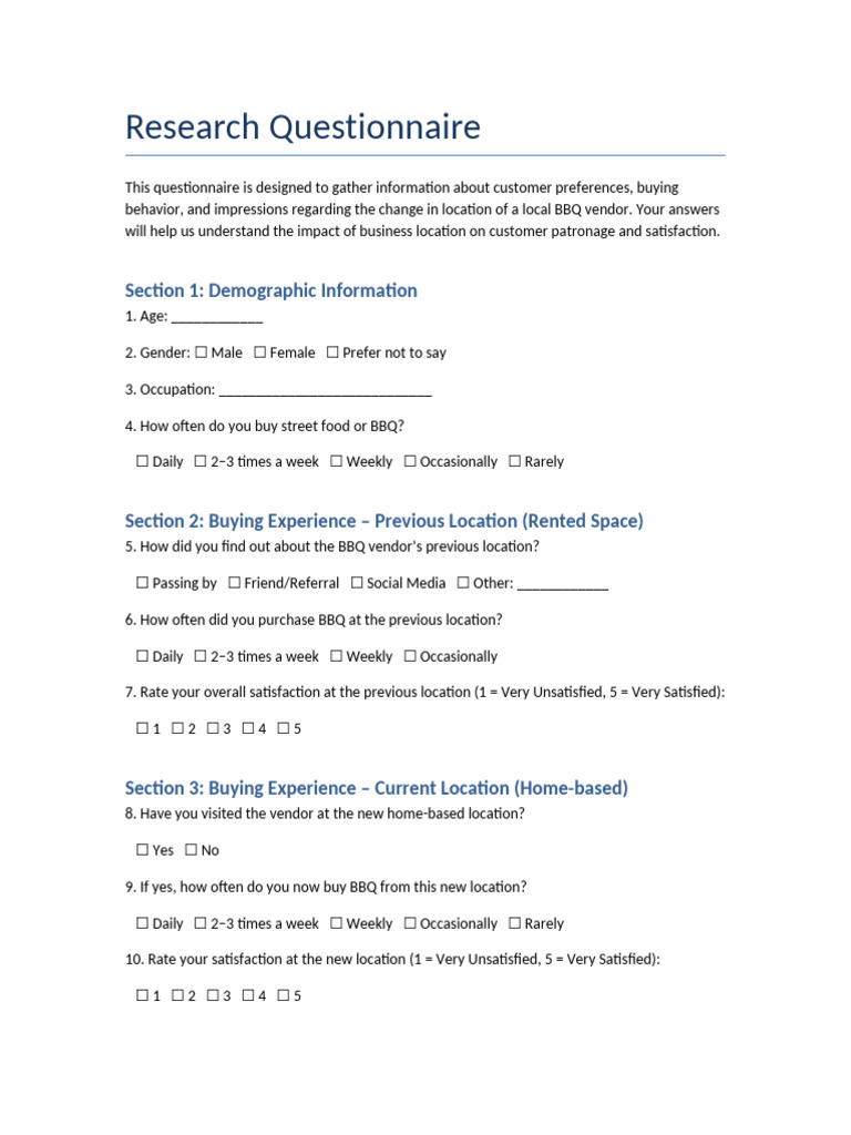 Research Questionnaire BBQ Vendor | PDF