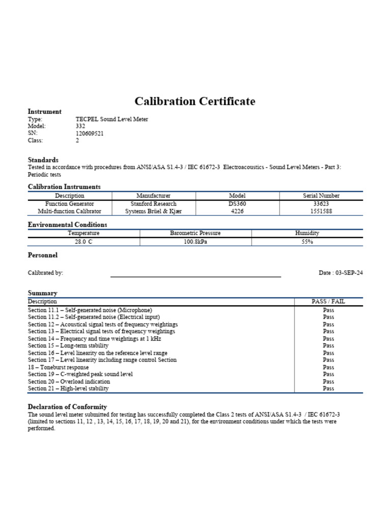 TECPEL Sound Meter Calibration Certificate | PDF | Sound | Electrical ...