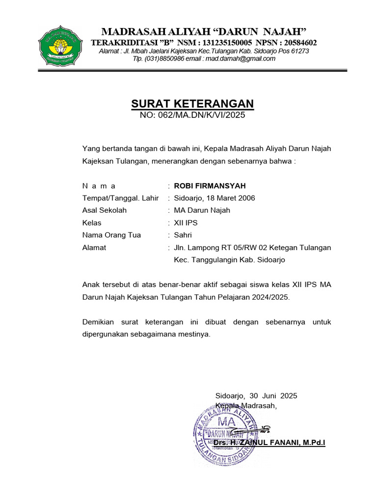Surat Keterangan Robi | PDF