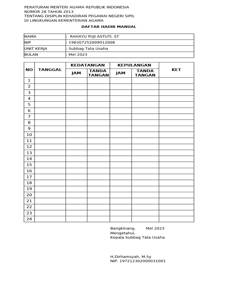 Contoh Daftar Hadir Manual PNS | PDF