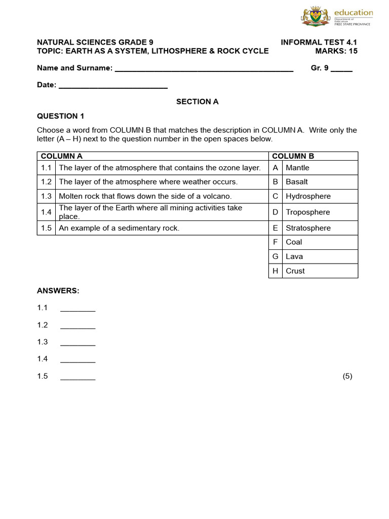 Ns GR 9 Informal Test 4.1 | PDF | Earth Sciences | Earth