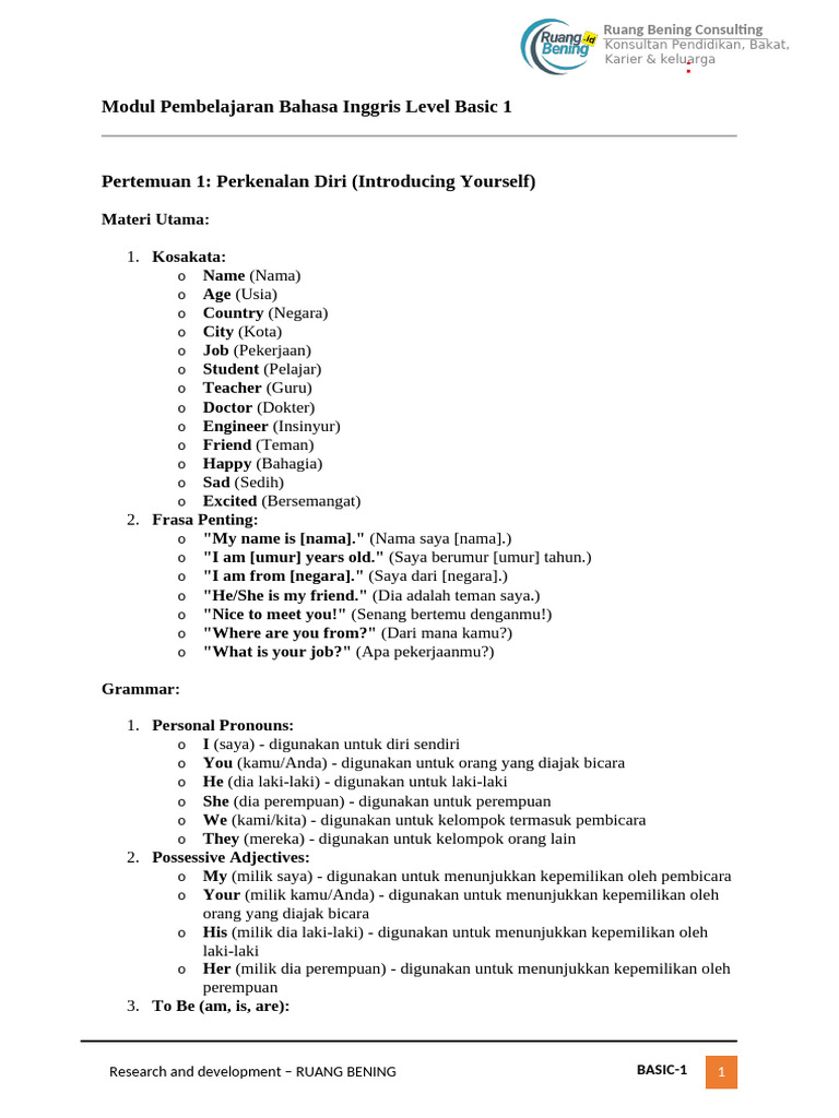 Modul Bahasa Inggris Level Basic 1 | PDF | Syntax | Linguistics