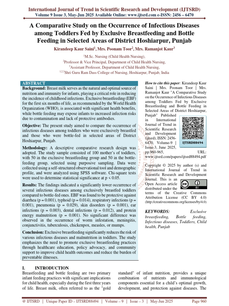 A Comparative Study On The Occurrence of Infectious Diseases Among Toddlers Fed by Exclusive ...