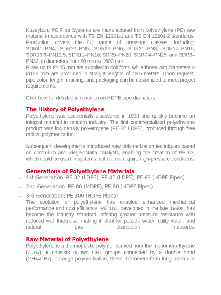 Kuzeyboru PE Pipe Systems Are Manufactured From Polyethylene | PDF | Polyethylene | Polymers