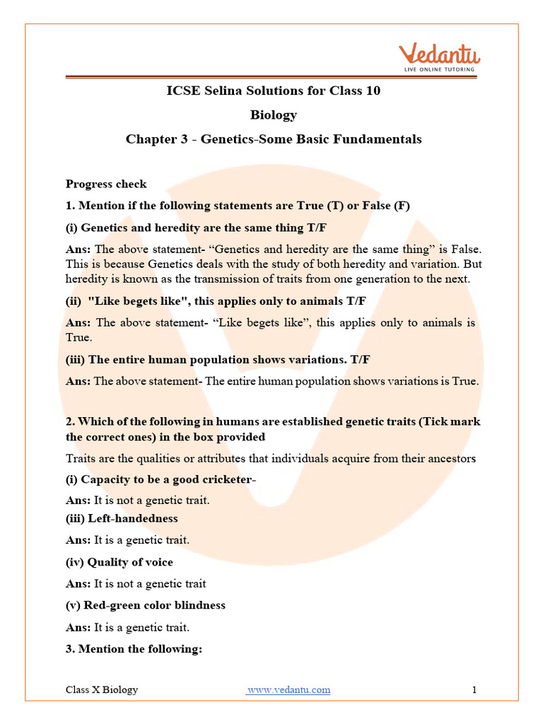 Class 10 Genetics Basics and Solutions | PDF | Dominance (Genetics ...