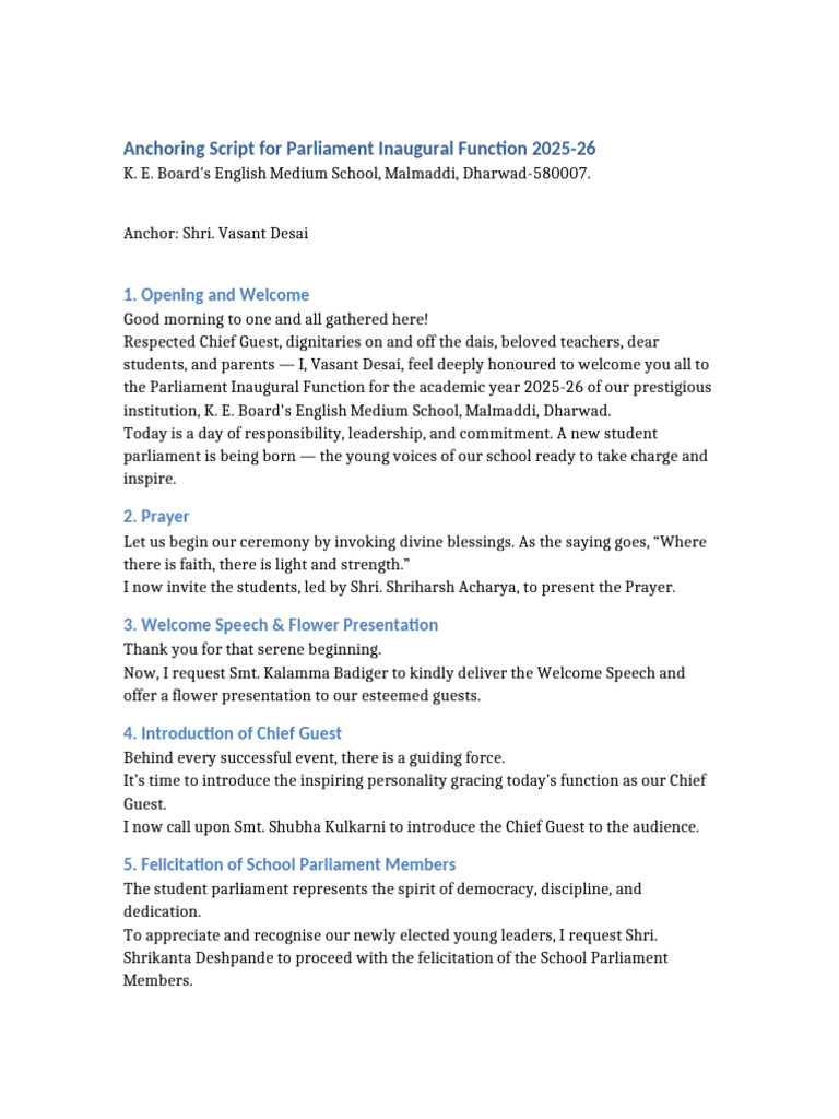 Anchoring Script Parliament Function 2025-26 | PDF