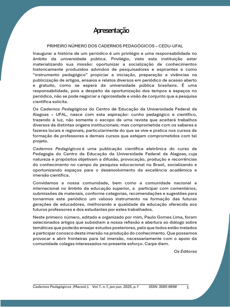 PRIMEIRO NÚMERO DOS CADERNOS PEDAGÓGICOS – CEDU-UFAL | PDF | Pedagogia