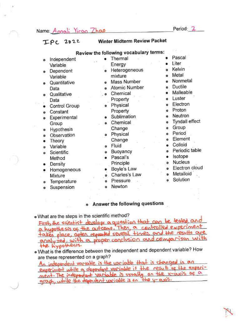 Student Work.2022 Ipc Midterm Review Packet | PDF