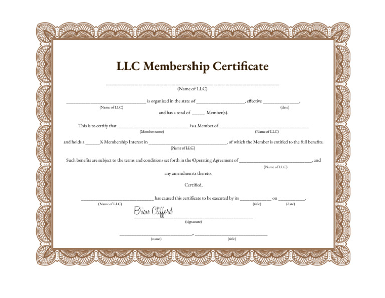LLC Membership Certificate Template | PDF