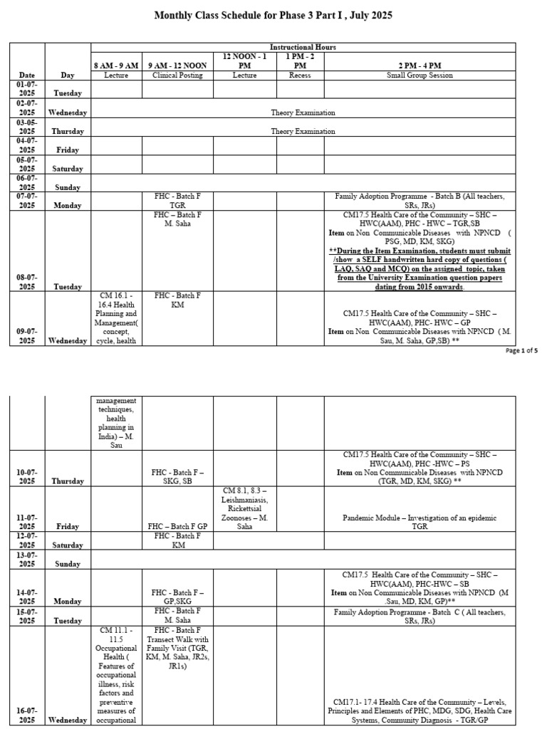 Monthly Class Schedule For Phase 3 Part I July 2025 | PDF | Public ...