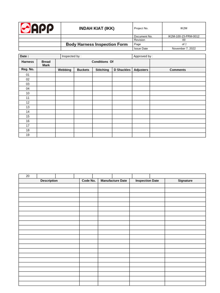 IK2M-100-15-FRM-0012 Body Harness Inspection Form | PDF