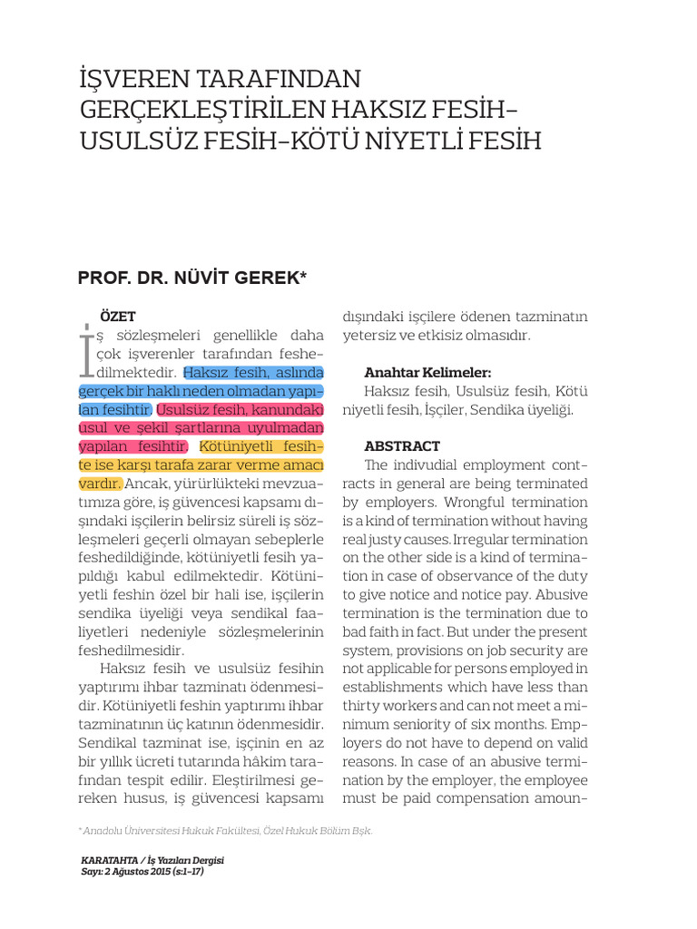 Işveren Tarafından Gerçekleştirilen Haksız Kötü Niyetli Fesih Nüvit ...