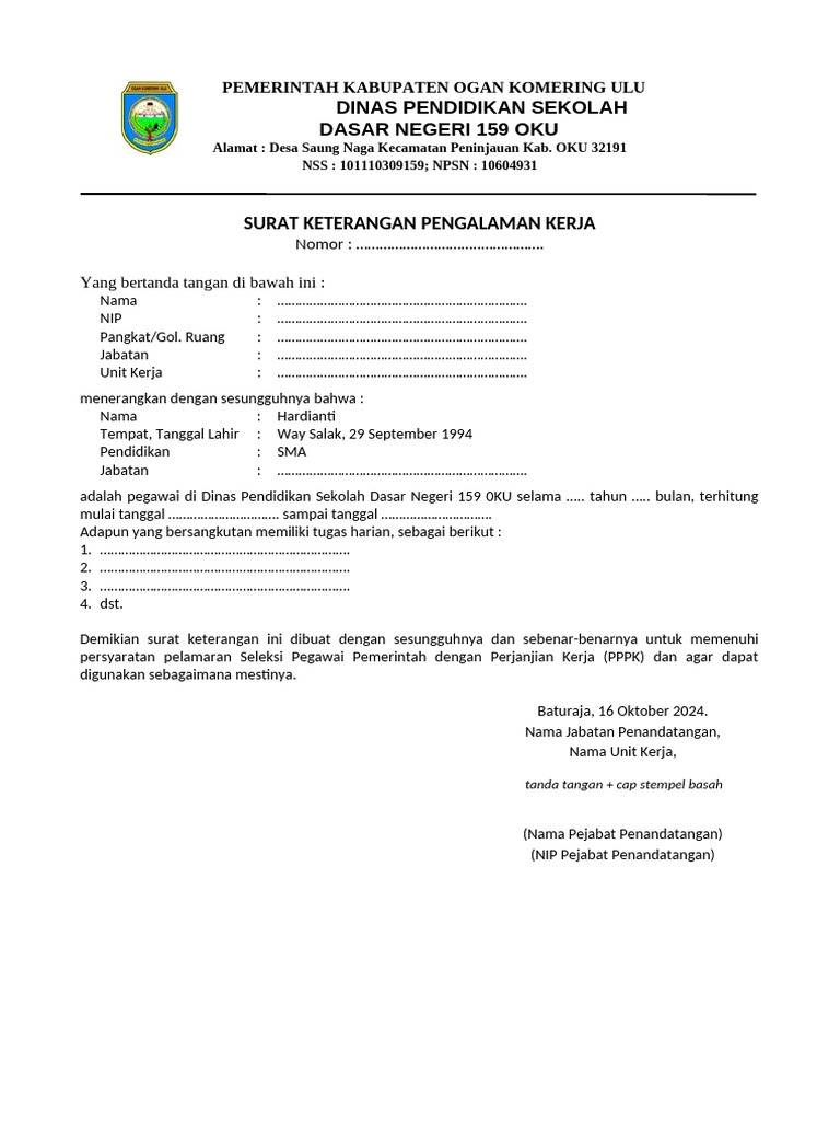 Surat Keterangan Pengalaman Kerja PPPK 2024 | PDF