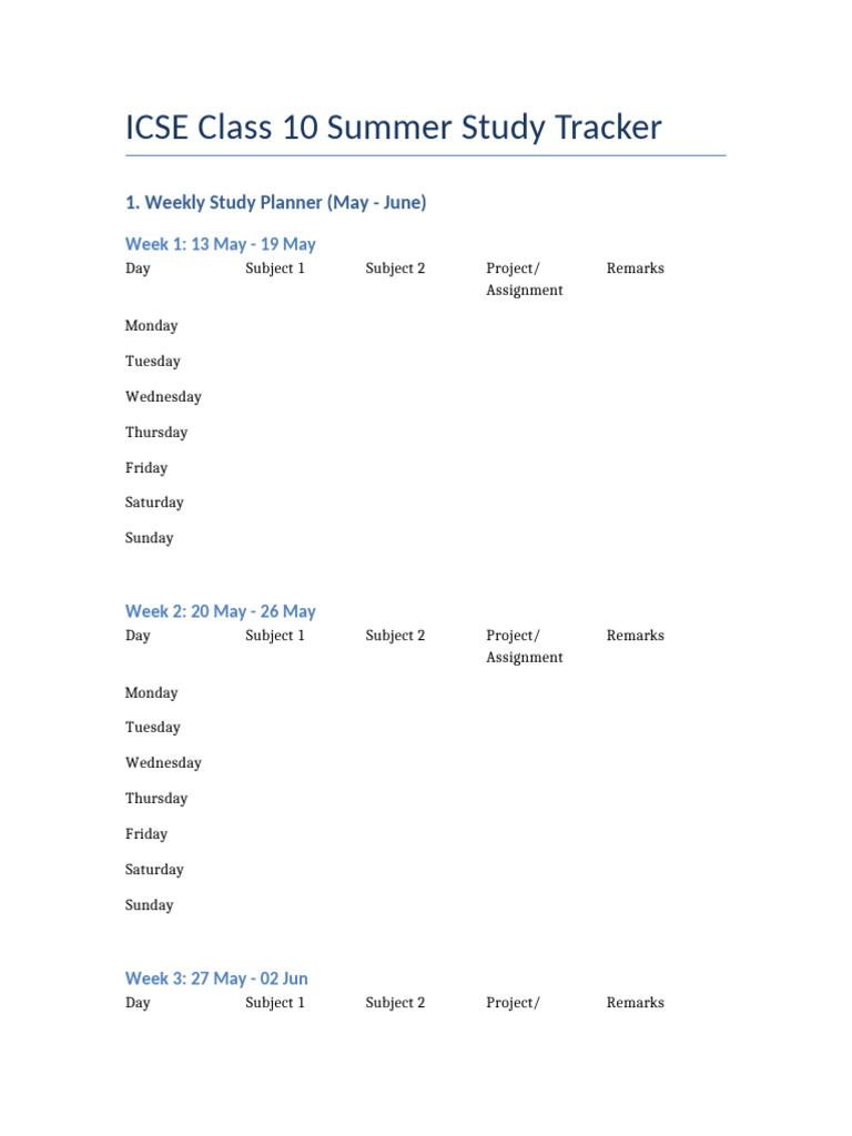 ICSE Class10 Summer Study Tracker | PDF