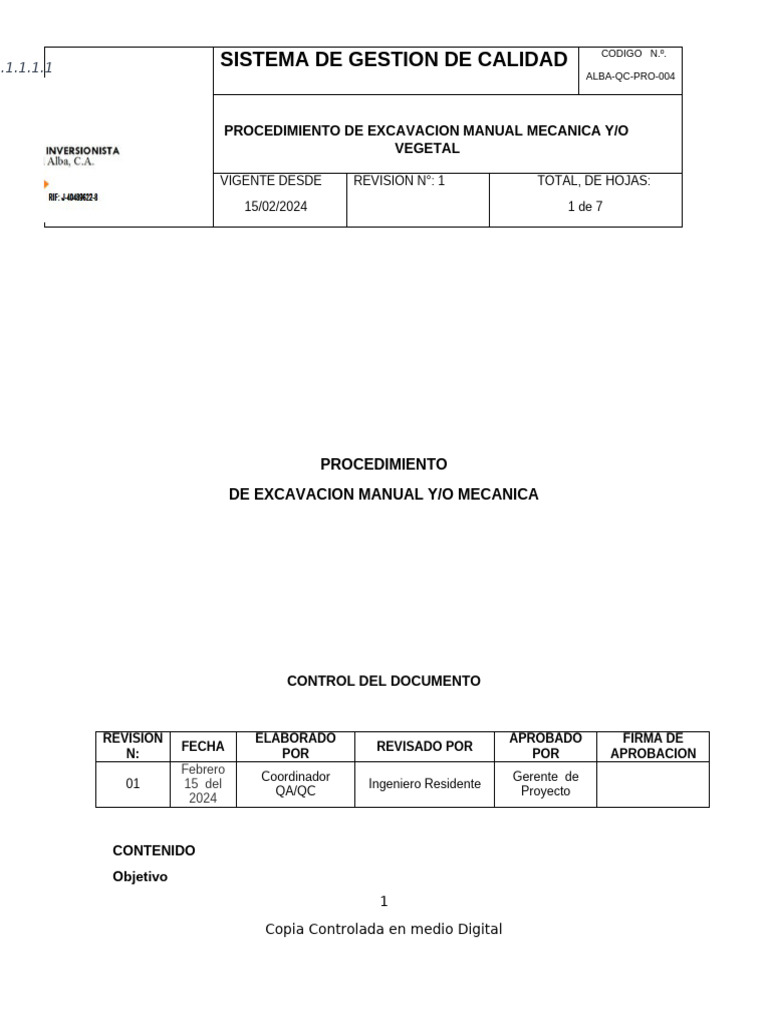 Alba-Qc-Fc-004 Excavacion Manual Yo Mecanica | PDF | Sistema de manejo ...