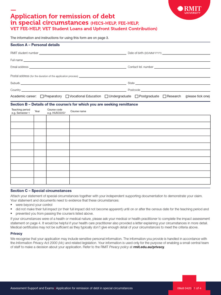 Application For Remission of Debt in Special Circumstances Form - 0420 ...