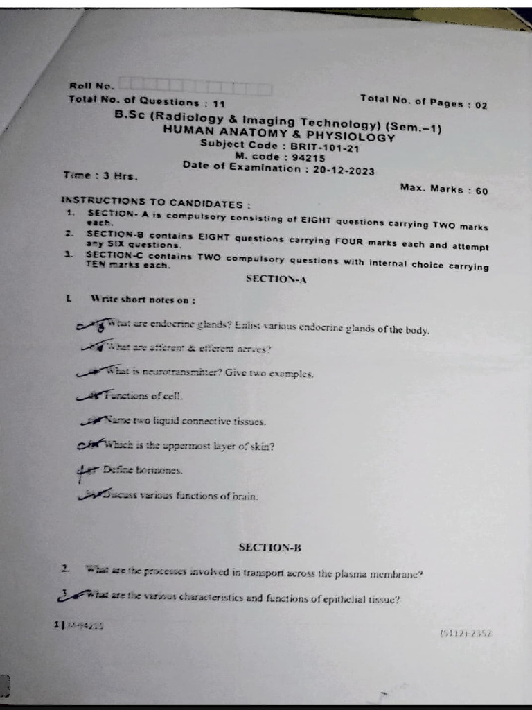 Anatomy & Physiology 1st Sem Question Paper | PDF | Hormone | Biology