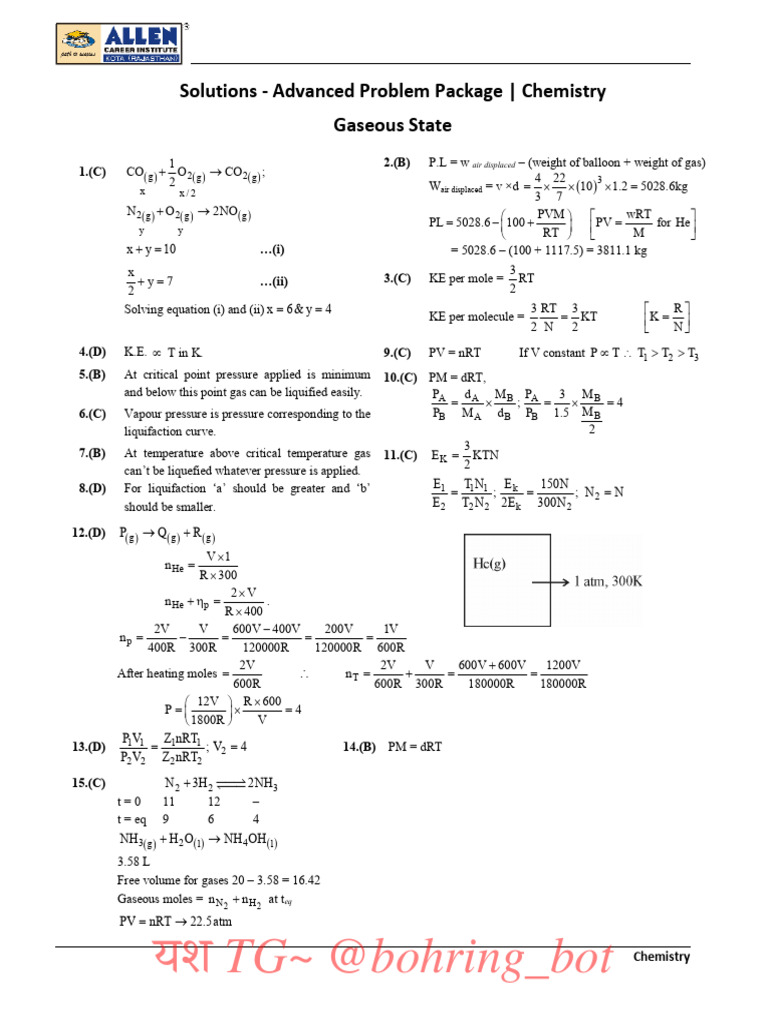 Bohring Bot Chemistry Star Batch Jee Advanced Assignments-309-314 | PDF | Gases | Pressure