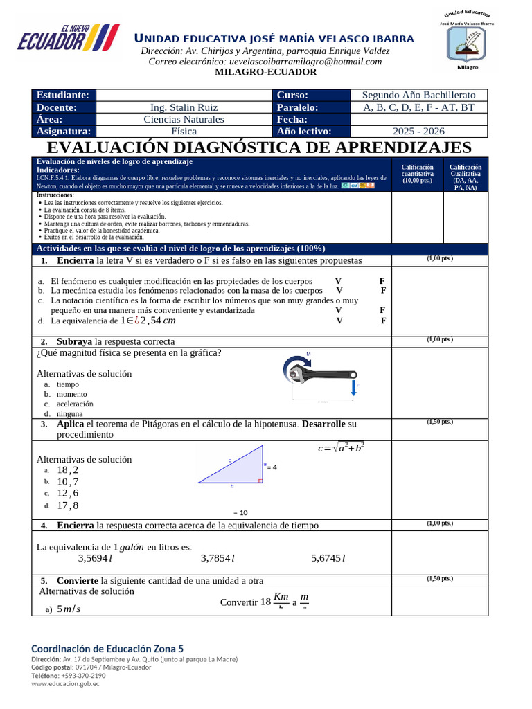 Eval Diagnóstica de Aprendizajes 2do Bgu Física - Video | PDF | Física | Mecánica