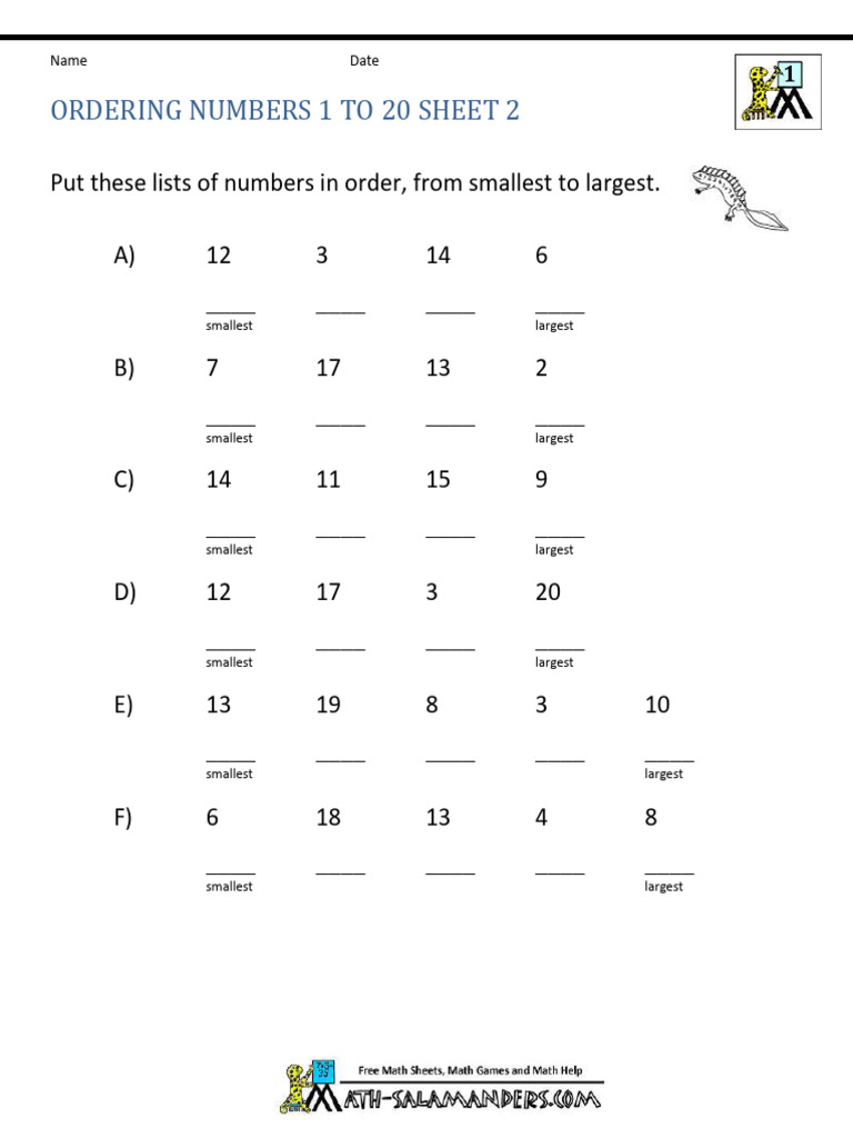 Ordering Numbers 1 to 20 Worksheet | PDF