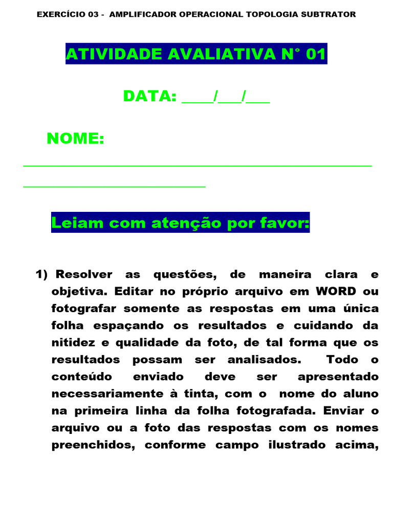 Resolução-Exercício 01 - Amplificador Operacional Subtrator - Ci 741 ...