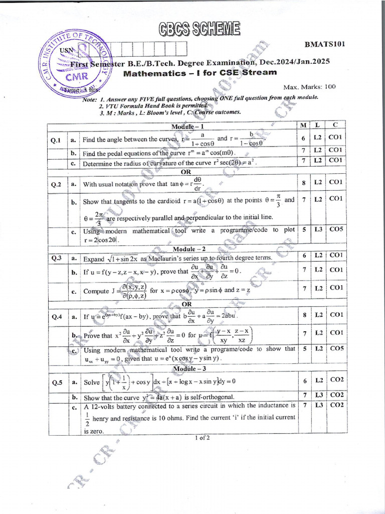 VTU Question Paper of BMATS101 Mathematics-I For CSE Stream Dec-2024 ...