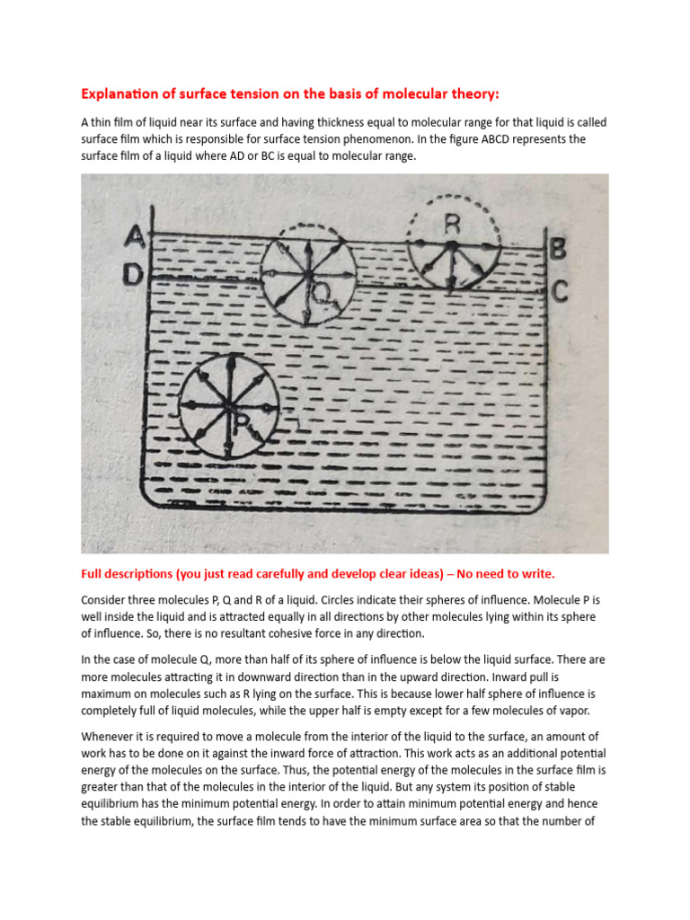 Surface Tension Explanation On The Basis of Molecular Theory and ...
