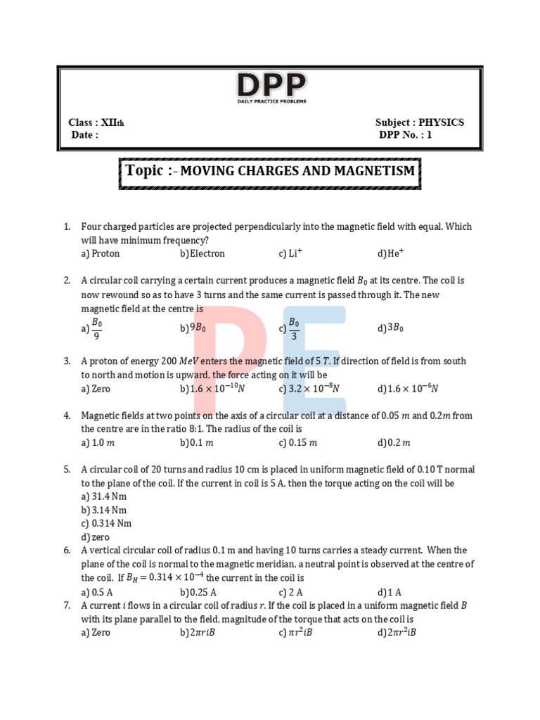 Moving Charges and Magentism DPP 1 | PDF | Magnetic Field | Physics