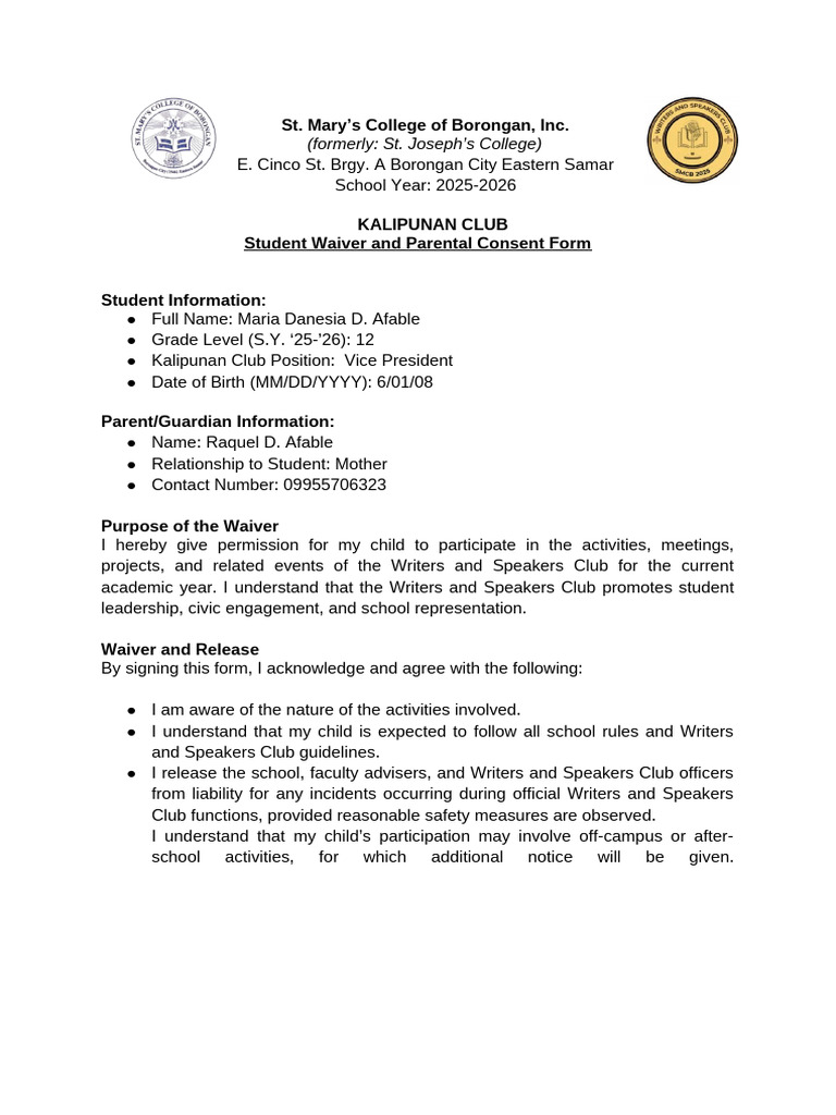 OFFICIAL Writers and Speakers Club Student Waiver Parental Consent Form ...